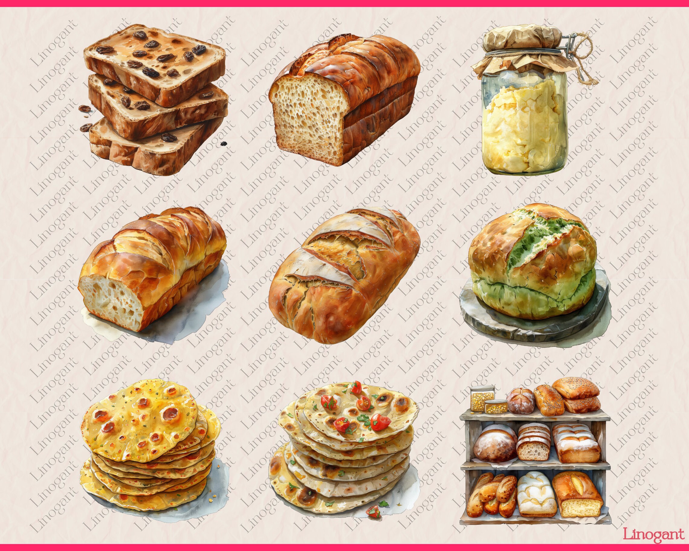 Watercolor Bread Clipart Bundle, Breakfast Food Clip Art Set, Bakery ...