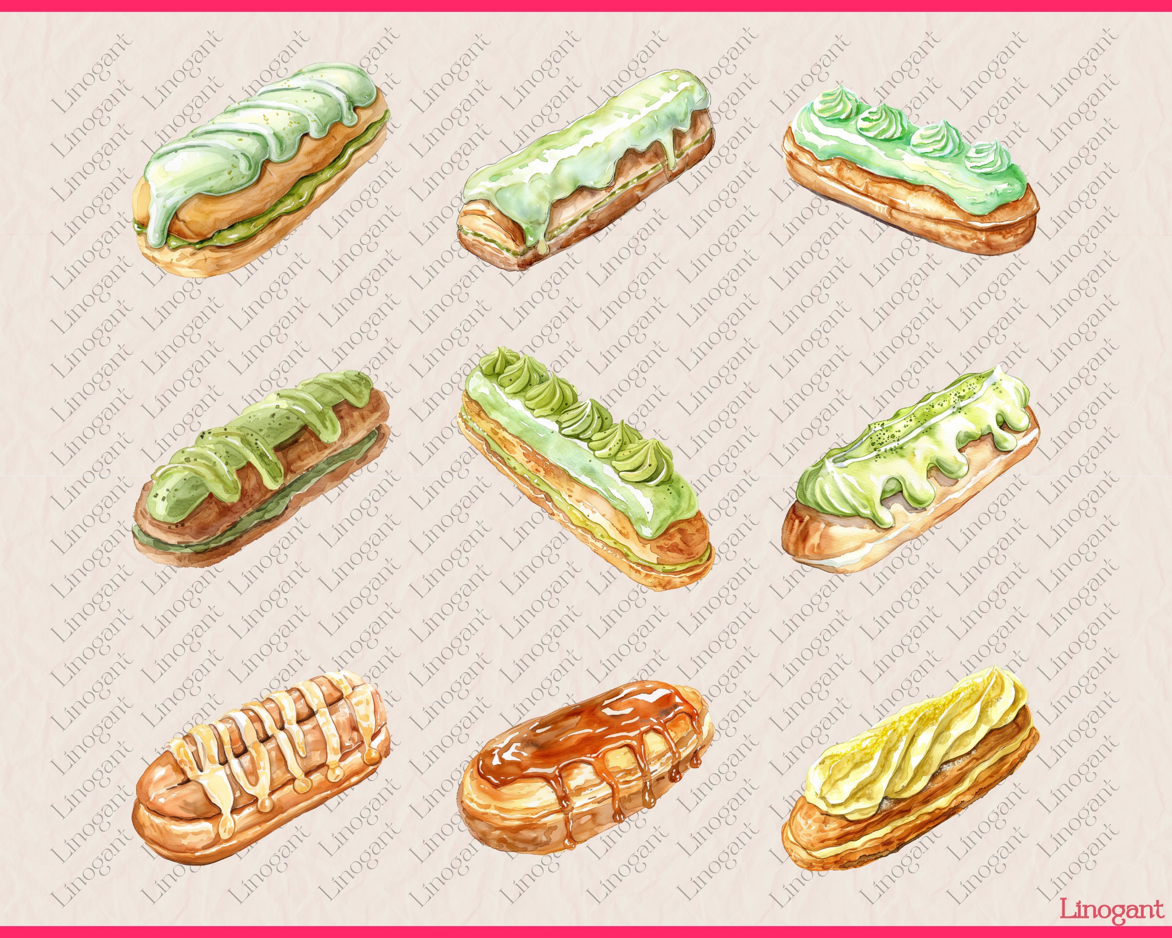 Watercolor Eclair Clipart Bundle, Delicious Clip Art Set, Dessert PNG ...