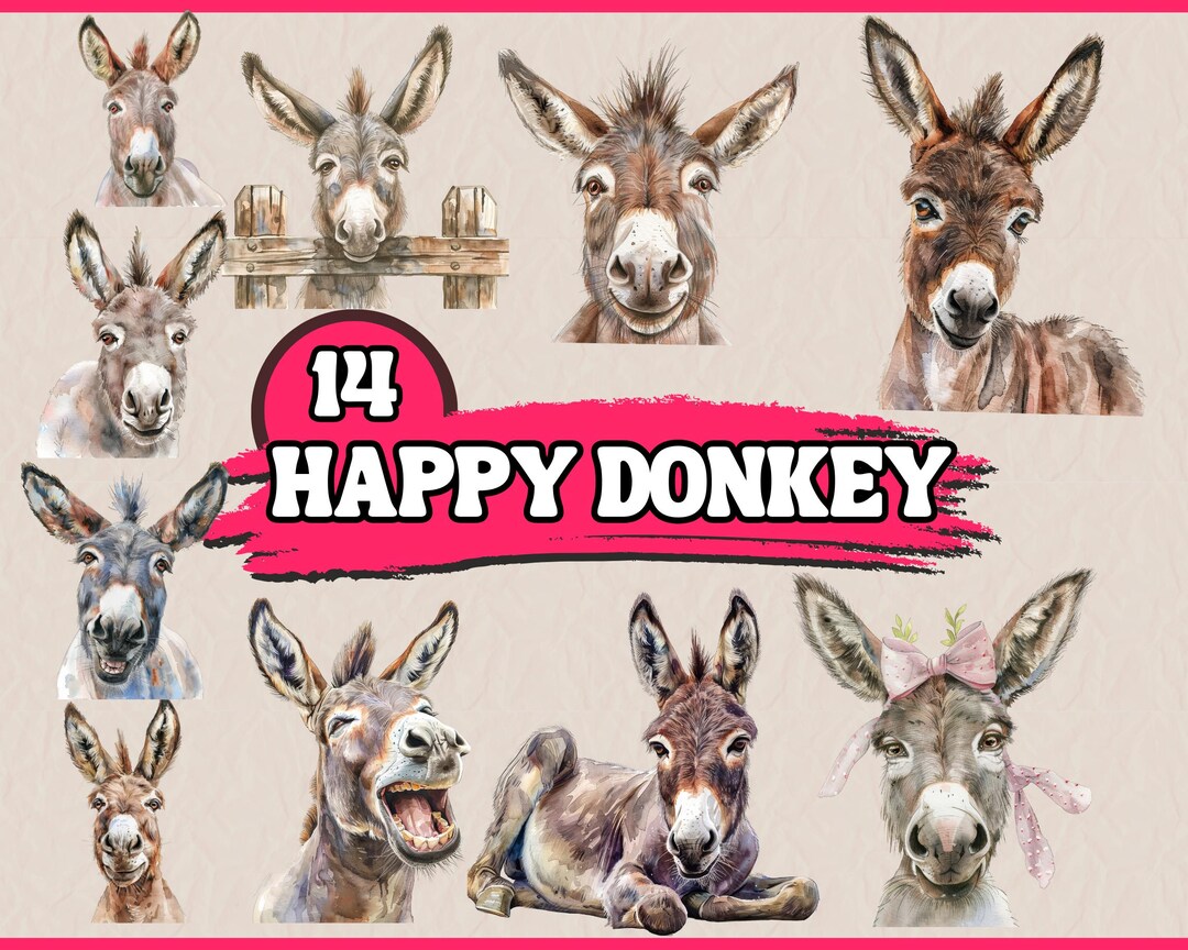 Happy Donkey Clip Art 14 High Res Watercolor Pngs for Junk Journaling ...