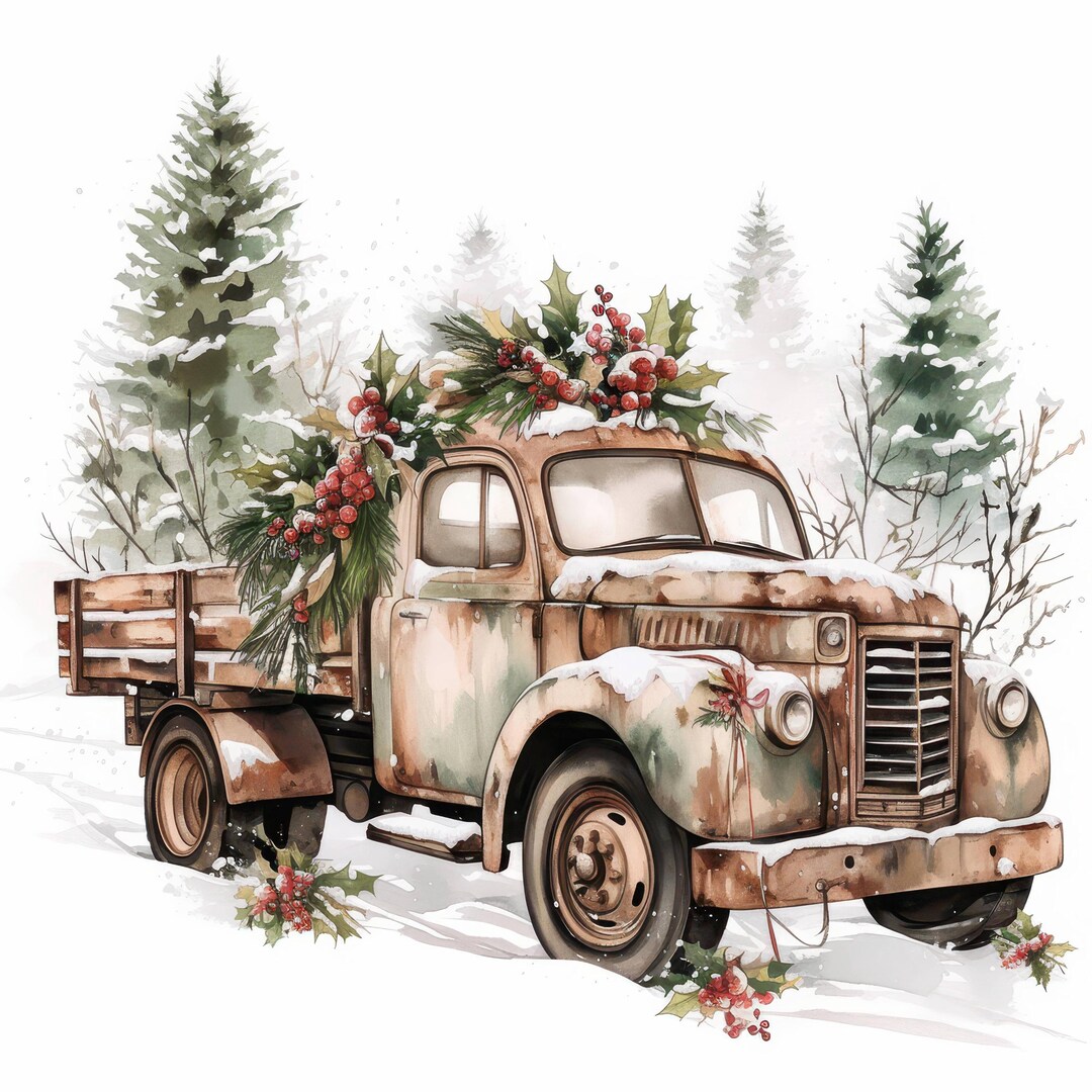 11 Vintage Winter Trucks Clipart Bundle, Festive Truck Design ...