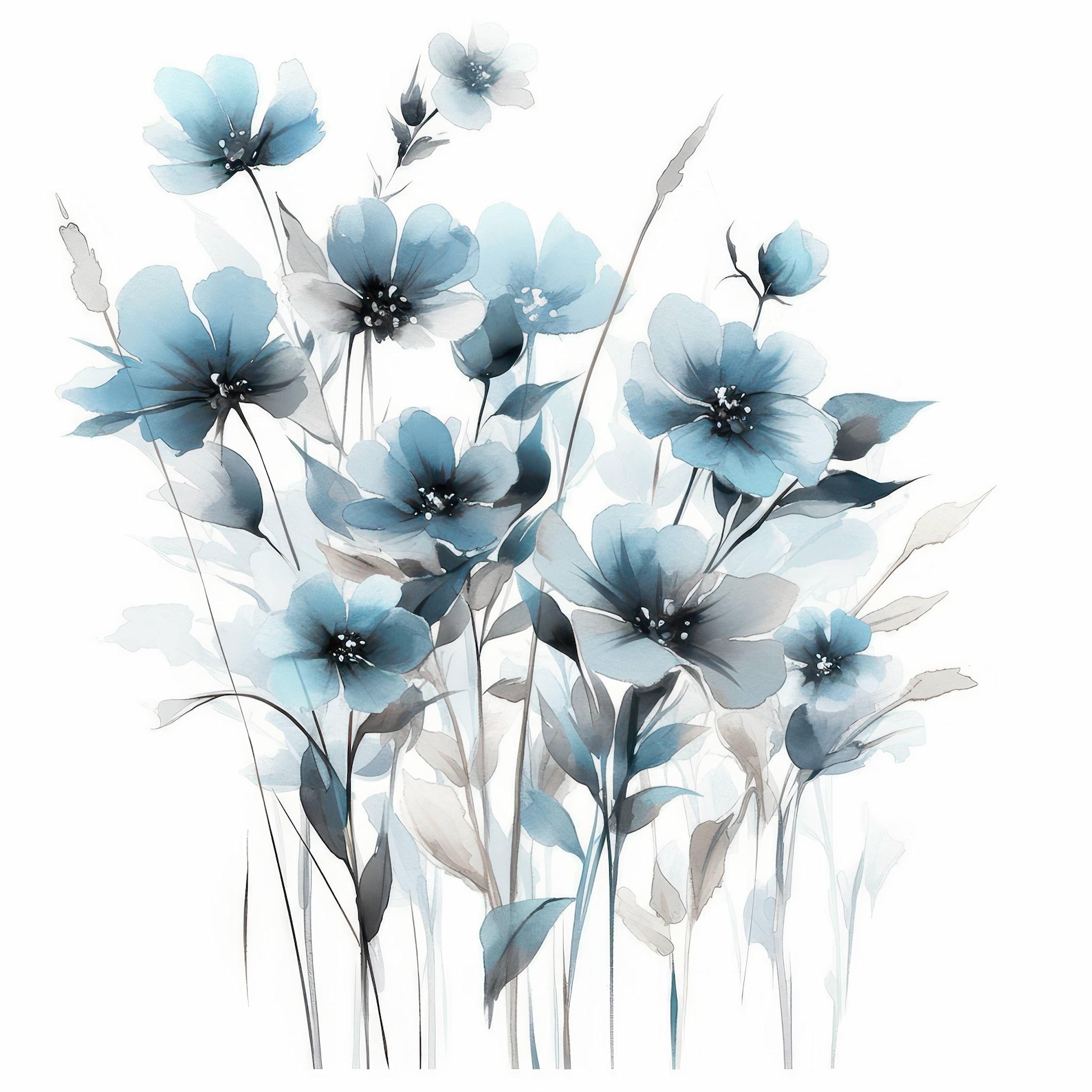10 Frosty Blue Floral Clipart Bundle, Delicate Flower Illustration ...