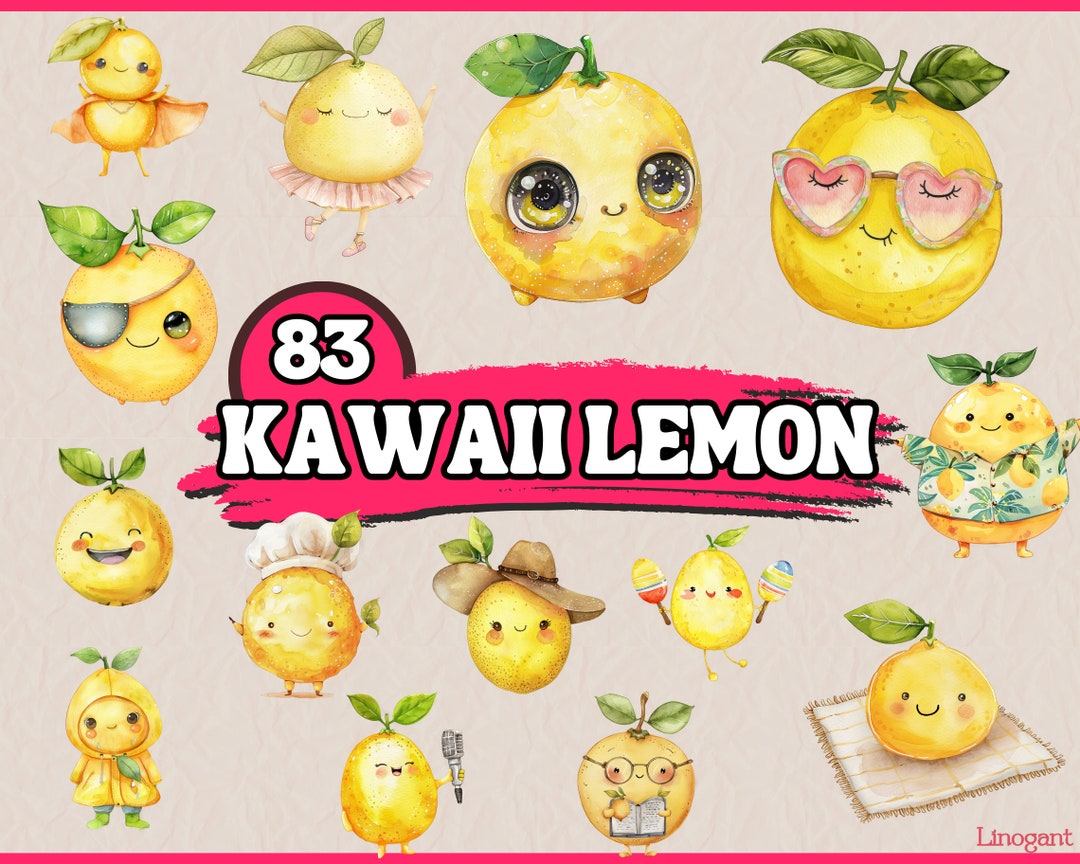 Watercolor Kawaii Lemon Clipart Bundle, Cute Fruits Clip Art Set, High ...
