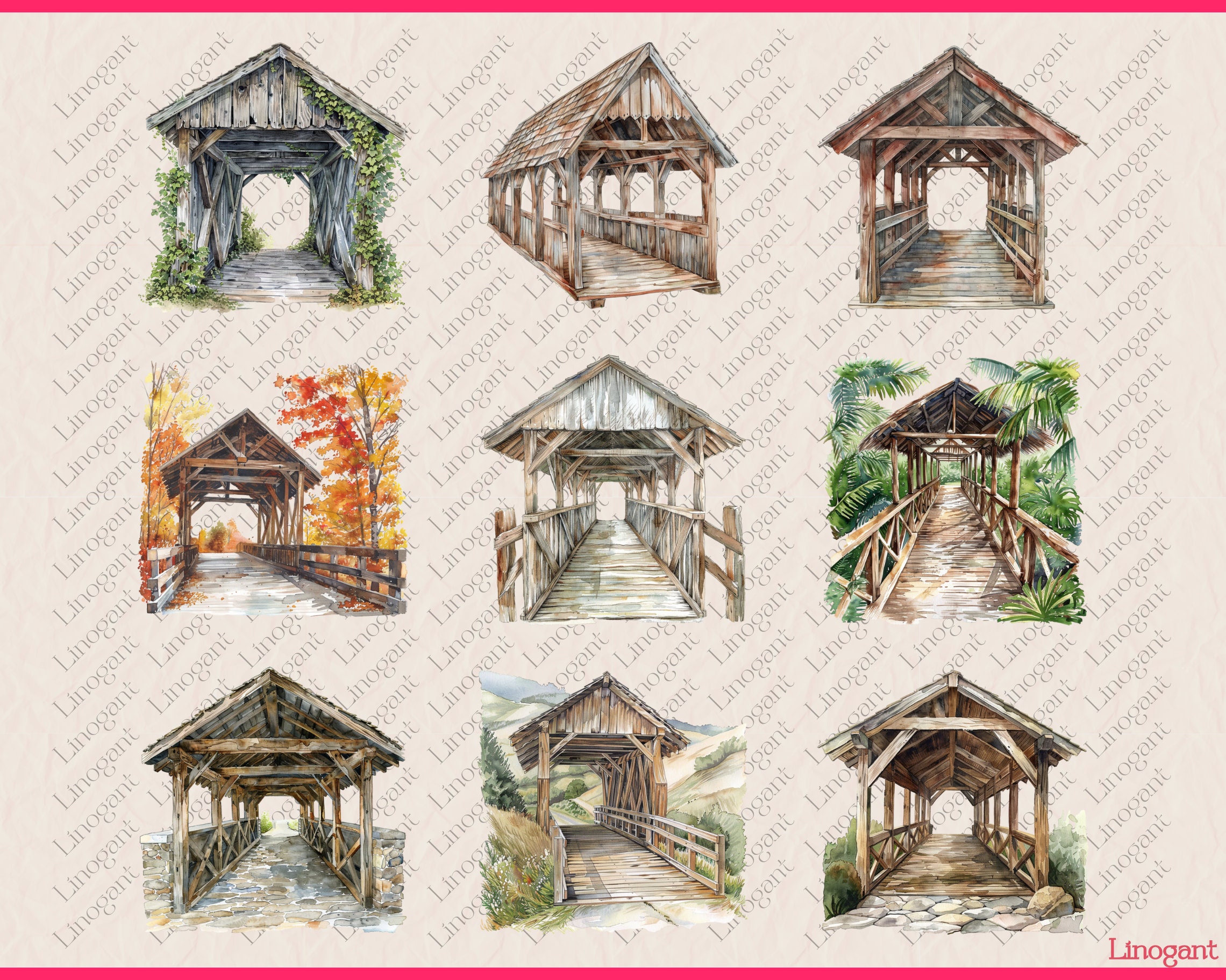 Watercolor Old Wooden Covered Bridge Clipart Bundle, Natural Scenery ...