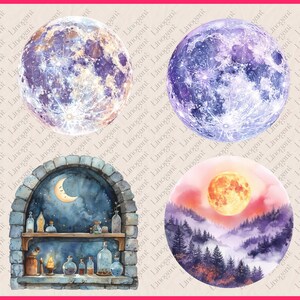 Watercolor 25 PNG Mystical Moon Clipart Bundle, Whimsical Lunar Clip ...
