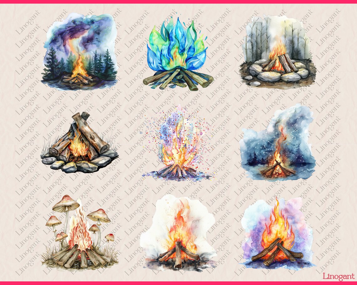 Watercolor Campfire Clipart Bundle, Camp Gear Clip Art Set, Camp Fire ...