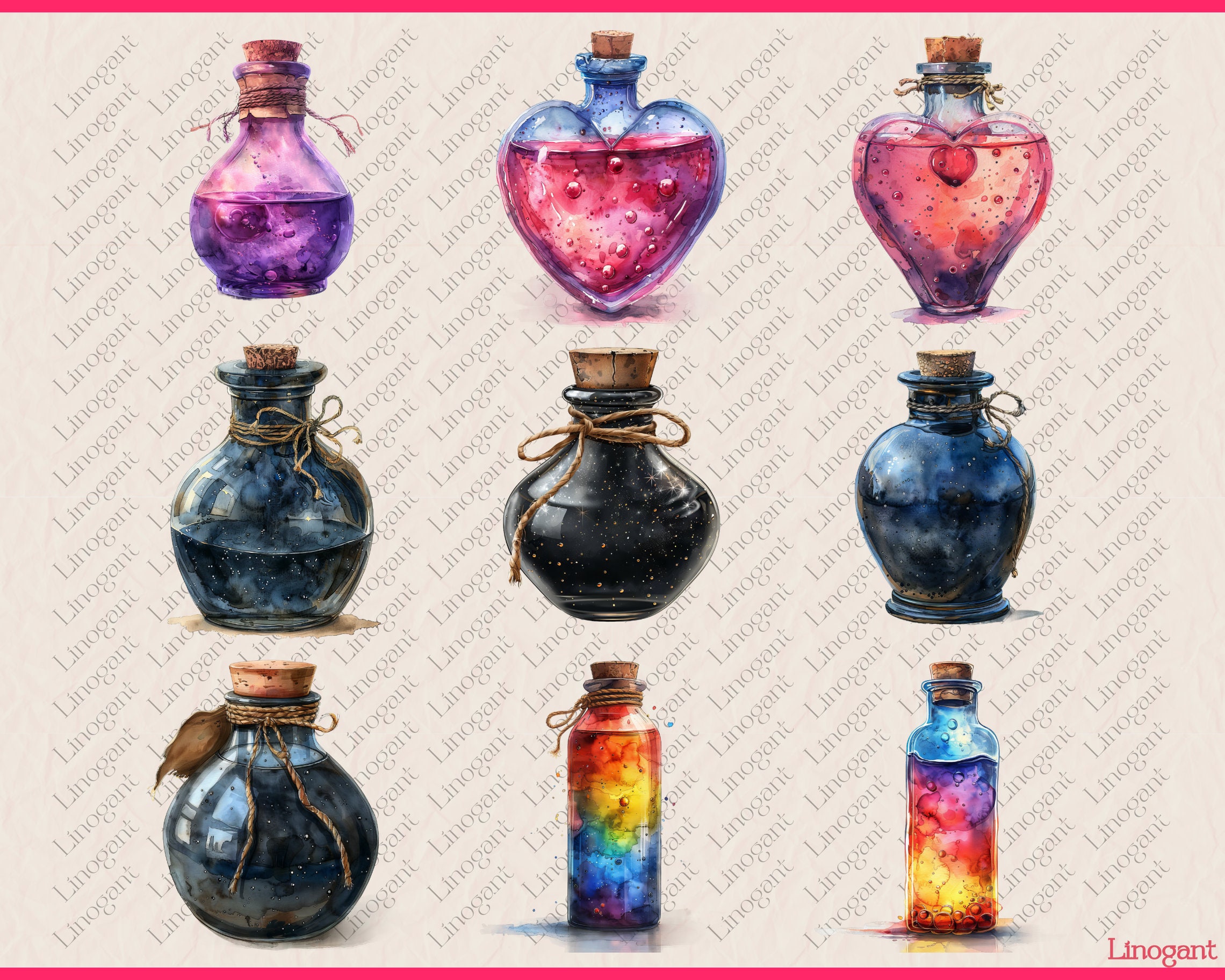 Watercolor Magical Potions Clipart Bundle, Flasks Clip Art Set, Fantasy ...
