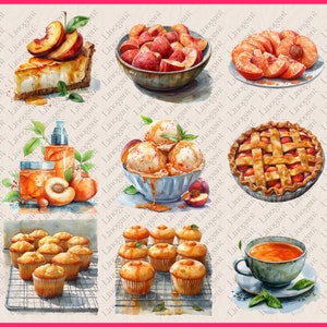 Watercolor Peach Clipart Bundle, Fruits Clip Art Set, Peach Cheese Cake ...