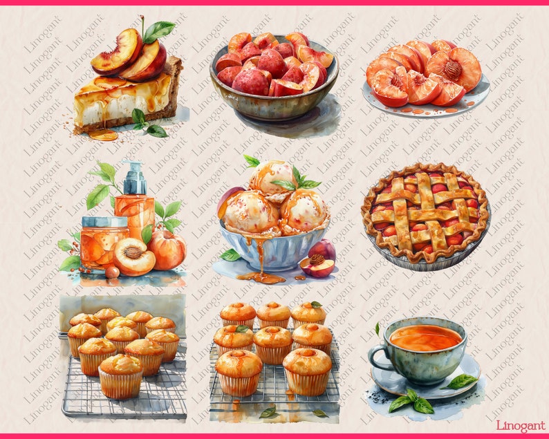 Watercolor Peach Clipart Bundle, Fruits Clip Art Set, Peach Cheese Cake ...