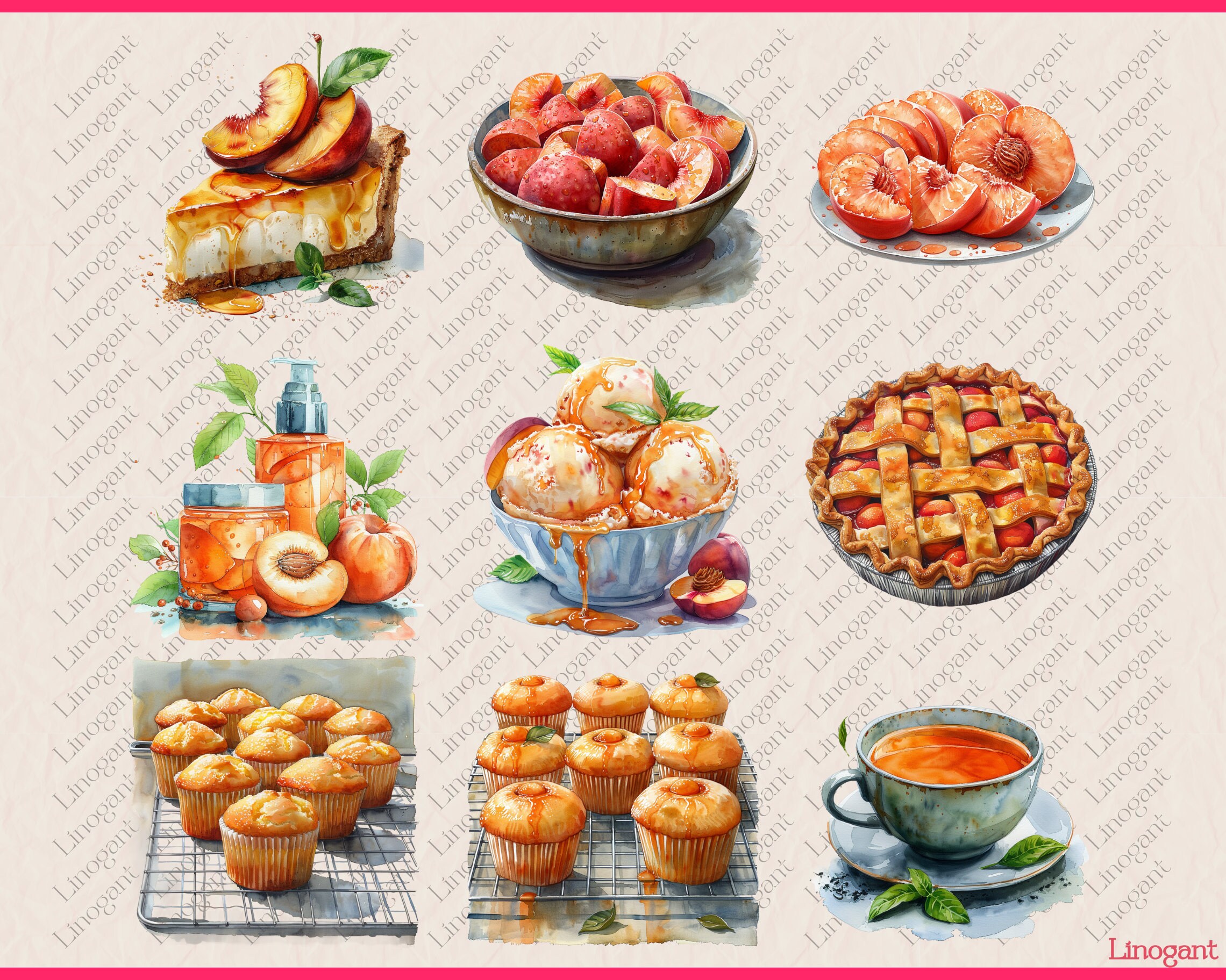 Watercolor Peach Clipart Bundle, Fruits Clip Art Set, Peach Cheese Cake ...