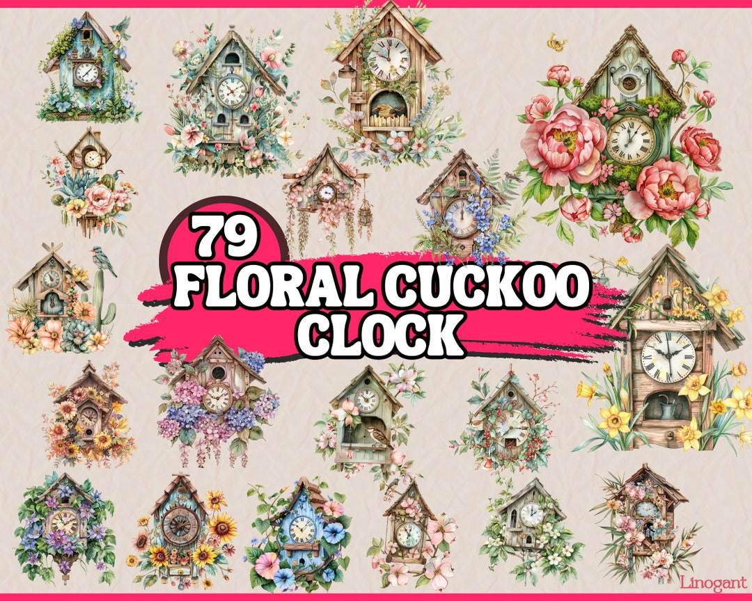 Watercolor Floral Cuckoo Clock Clipart Bundle, Flower Clocks Clip Art ...