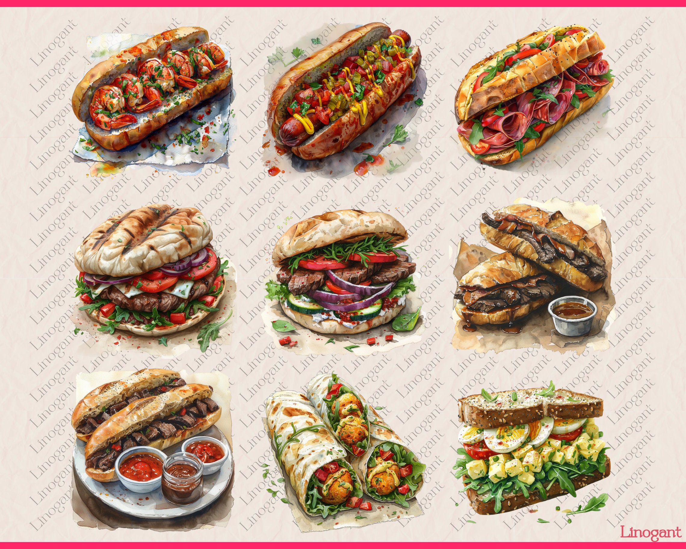 Watercolor Sandwich Clipart Bundle, Breakfast Food Clip Art Set, Bakery ...