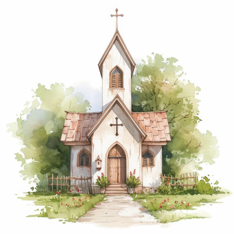 10 Tiny Chapel Watercolor Clipart, Rural Religious Architecture ...