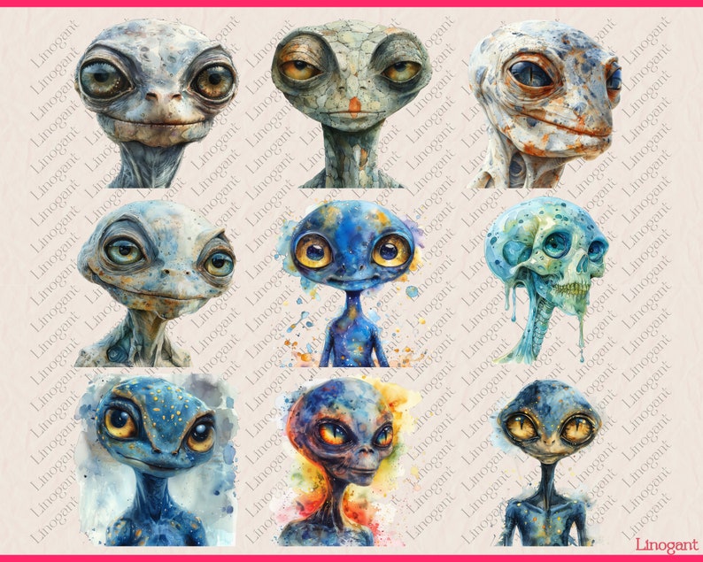 Watercolor Alien Portraits Clipart Bundle, Aliens Face Clip Art Set ...