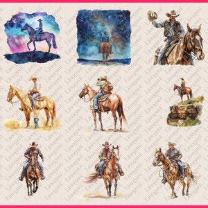 Watercolor Western Cowboy on Horse Clipart Bundle, Riding Horse Clip ...