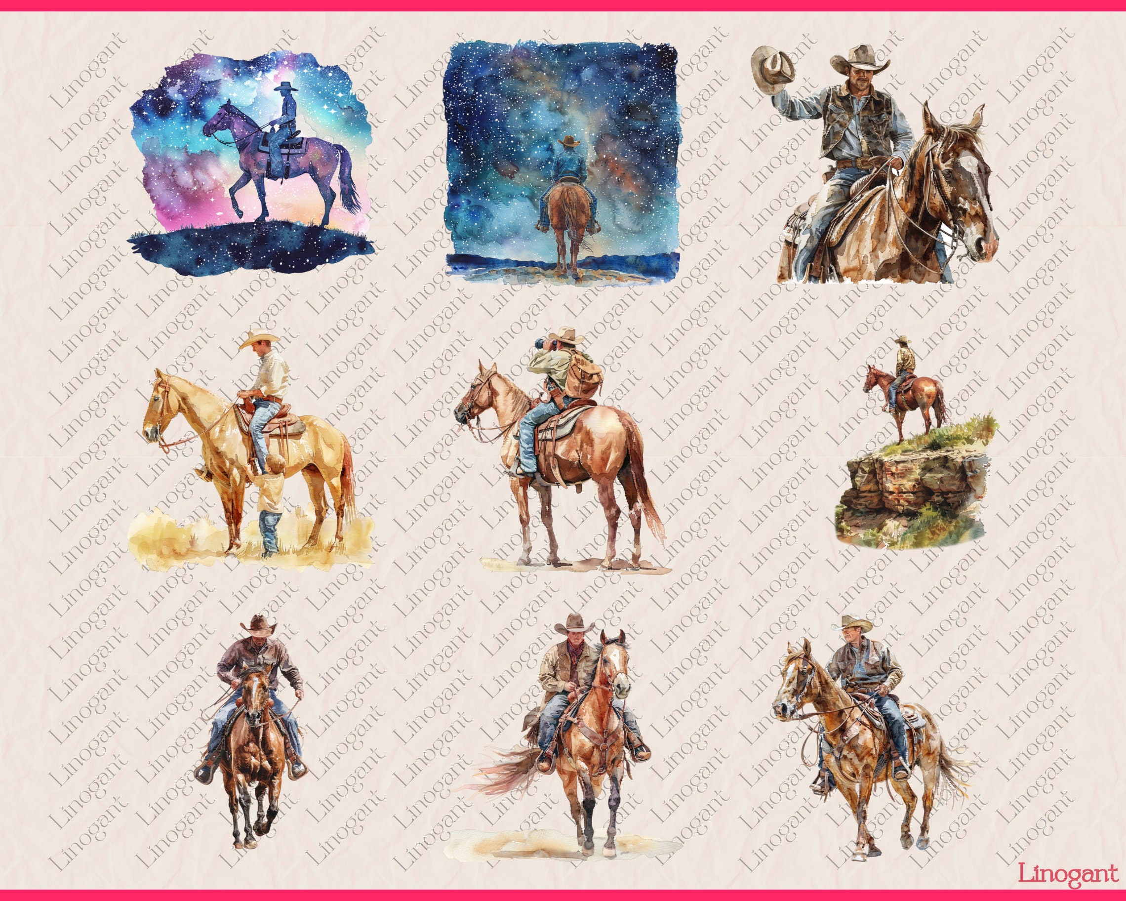 Watercolor Western Cowboy on Horse Clipart Bundle, Riding Horse Clip ...