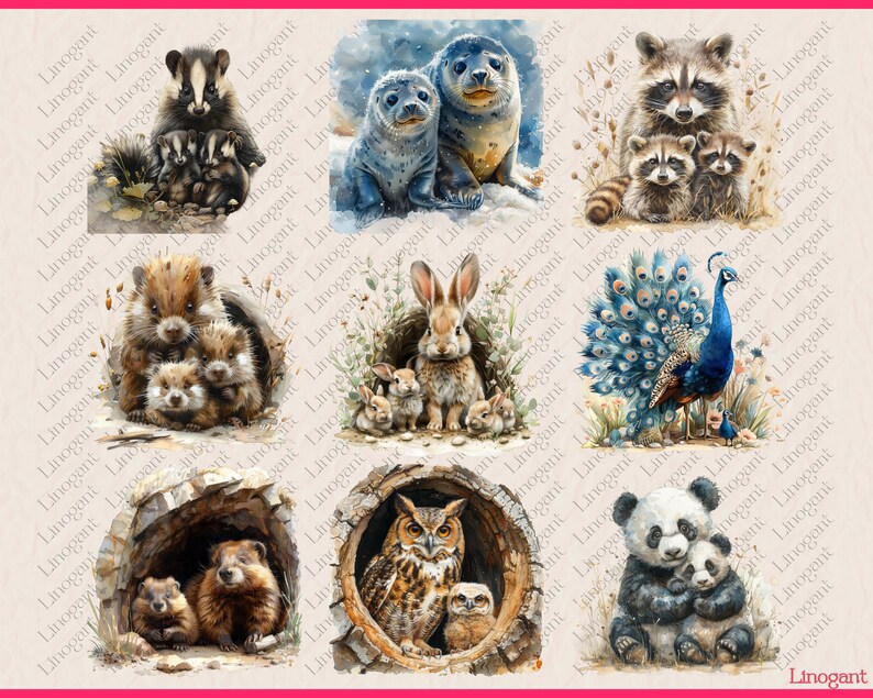 Watercolor Cute Mother and Baby Animals Clipart Bundle, Mom and Baby ...