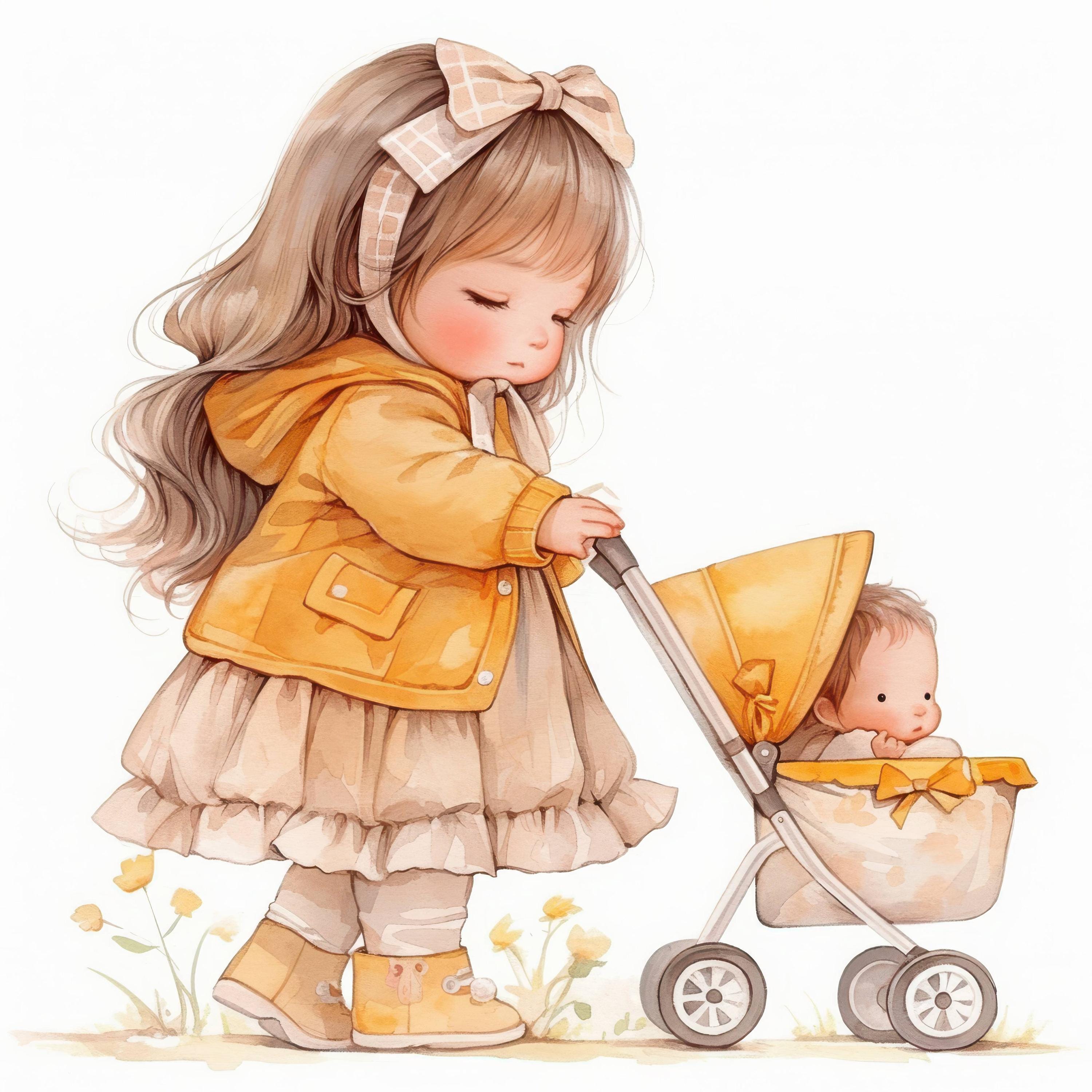 13 Girl With Doll Stroller Clipart Bundle, Cute Childhood Illustration ...