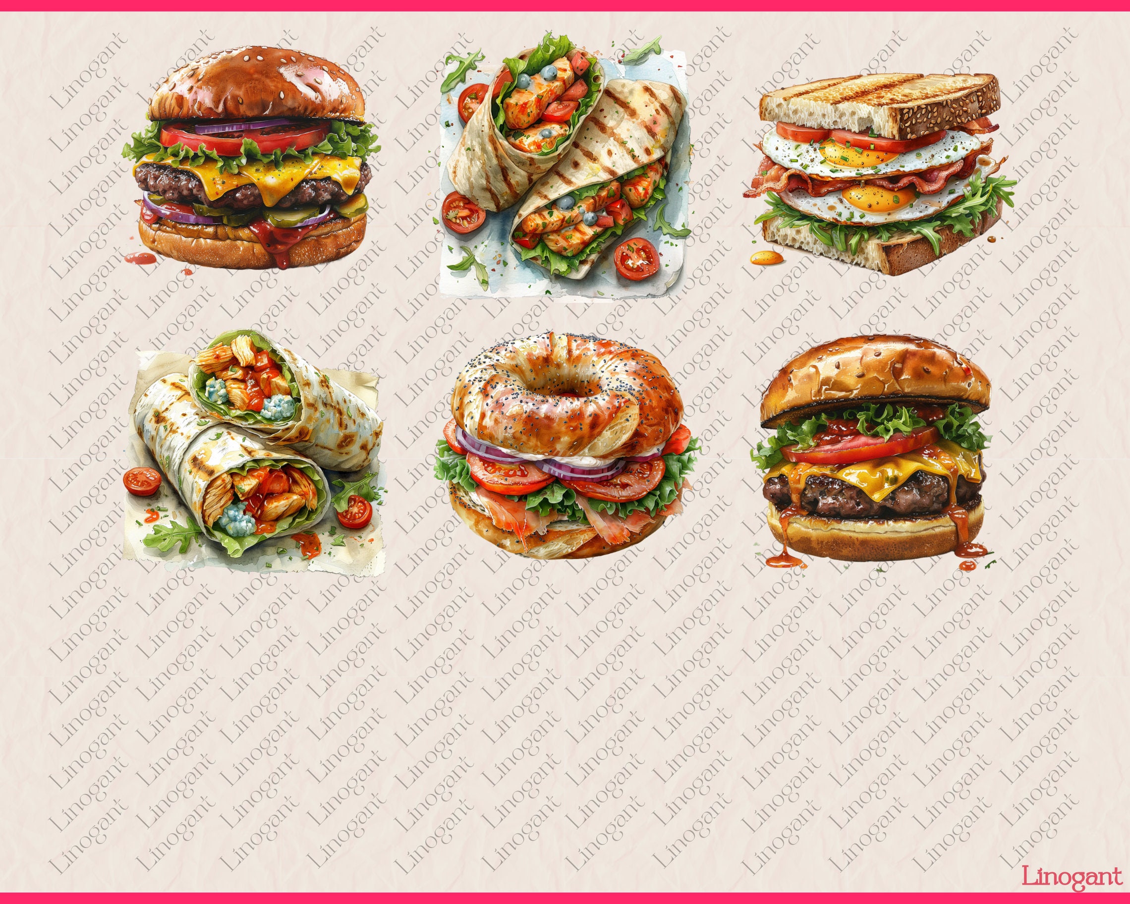 Watercolor Sandwich Clipart Bundle, Breakfast Food Clip Art Set, Bakery ...