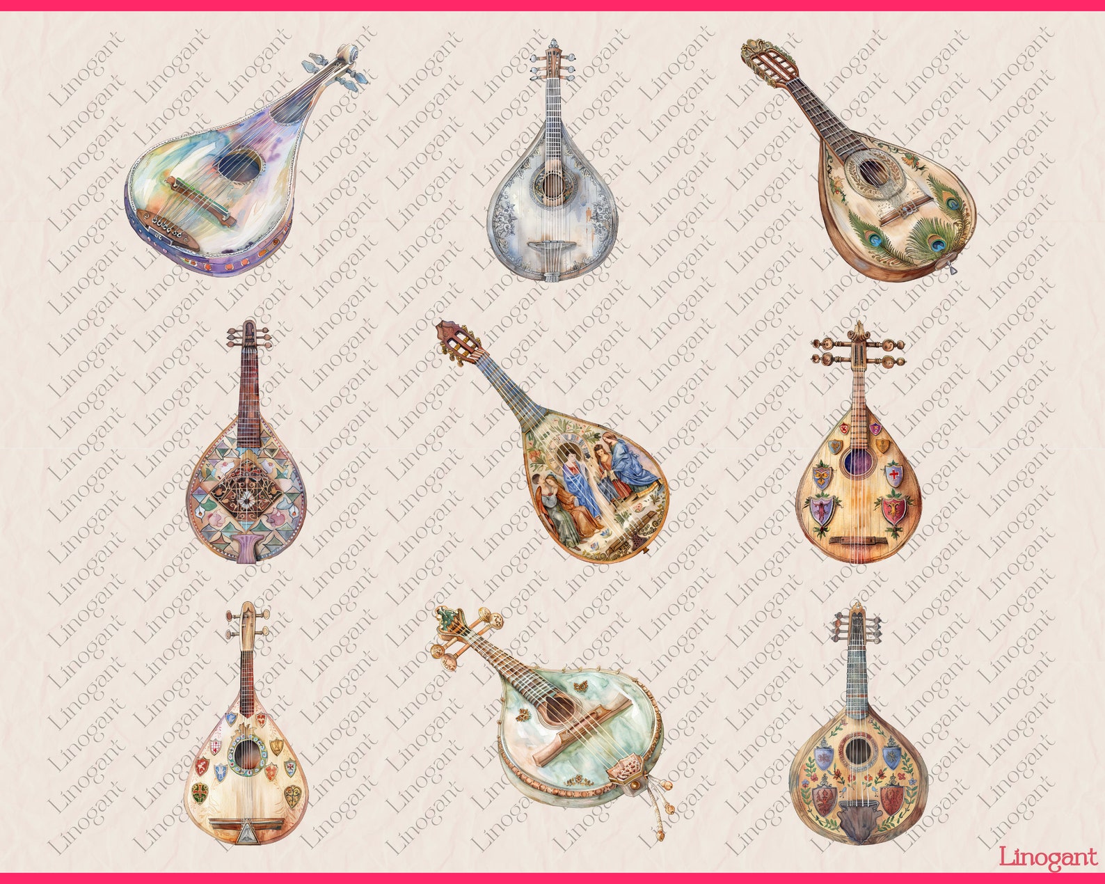 Watercolor Lute Clipart Bundle, String Musical Instruments Clip Art Set ...