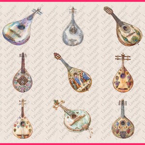 Watercolor Lute Clipart Bundle, String Musical Instruments Clip Art Set ...
