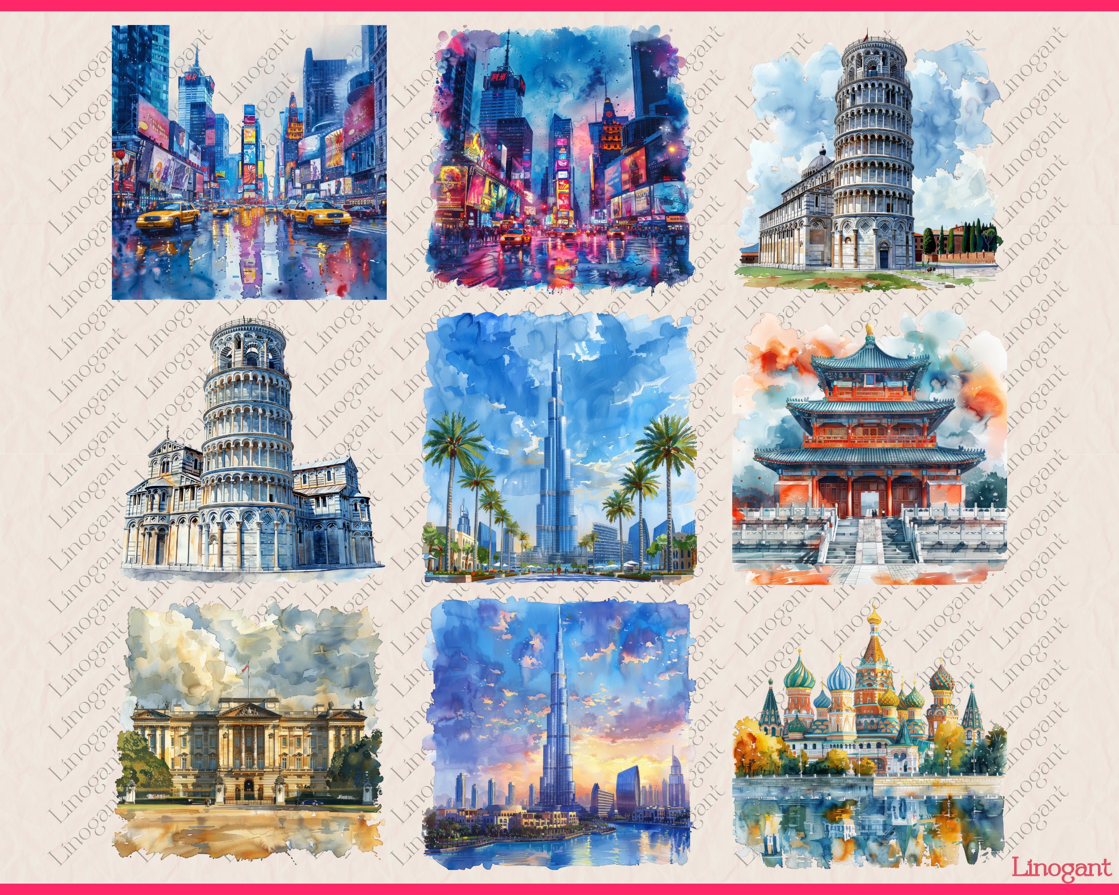 Watercolor Landmarks Clipart Bundle, Popular Landmarks Clip Art Set ...