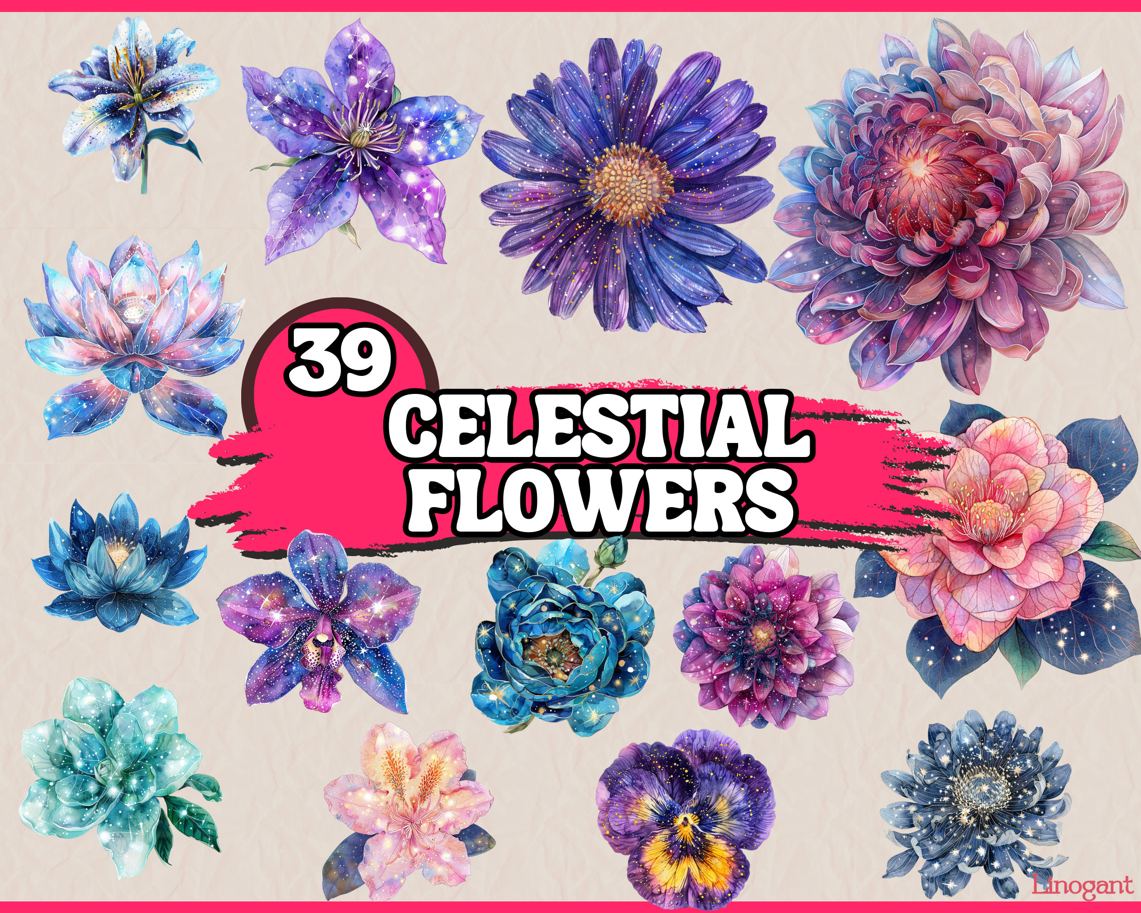 Watercolor Celestial Flowers Clipart Bundle, Cosmic Floral Clip Art Set ...