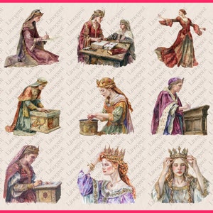 Watercolor Medieval Queen Clipart Bundle, Fantasy Middle Age Clip Art ...