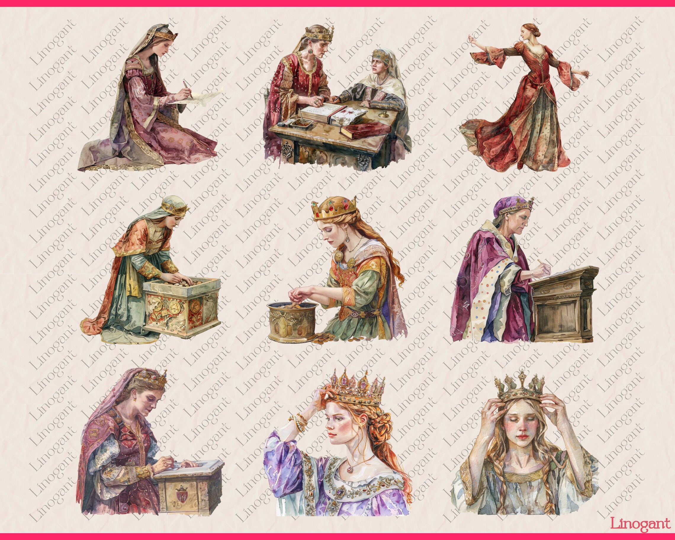 Watercolor Medieval Queen Clipart Bundle, Fantasy Middle Age Clip Art ...