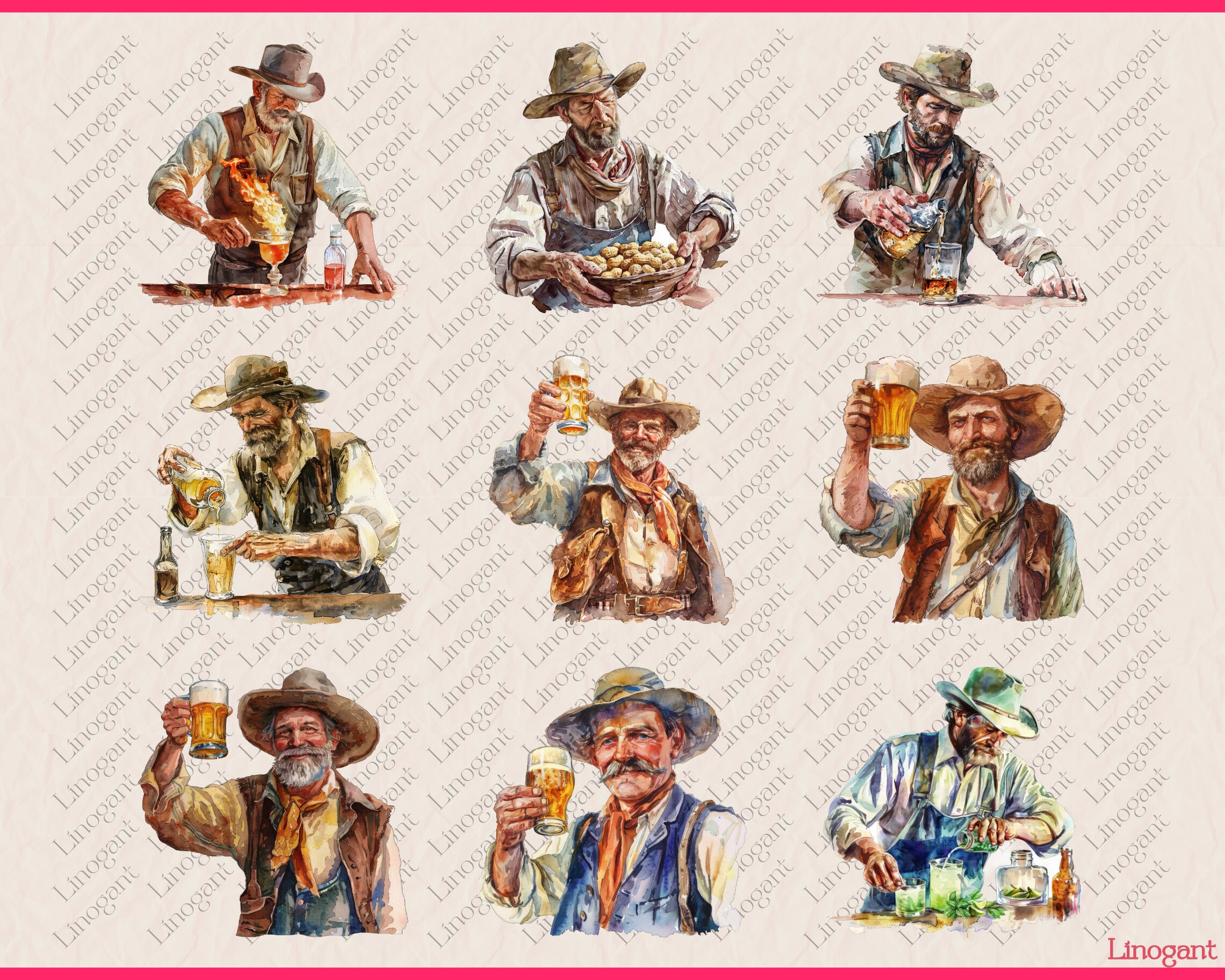 Watercolor Western Barmaid and Bartender Clipart Bundle, Cowboy Cowgirl ...