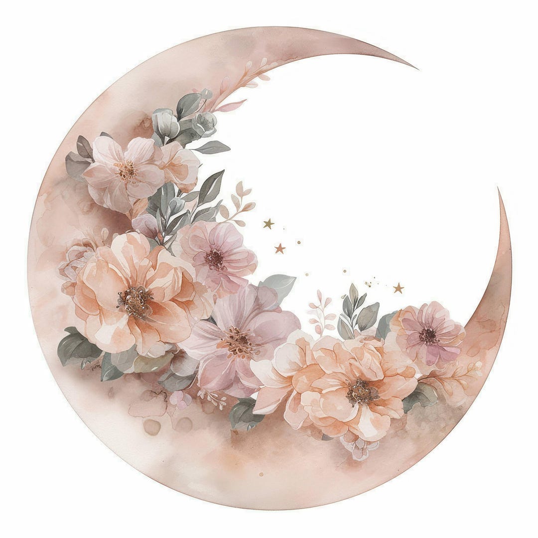 13 Celestial Boho Moon Watercolor Clipart, Floral Moon Motif ...