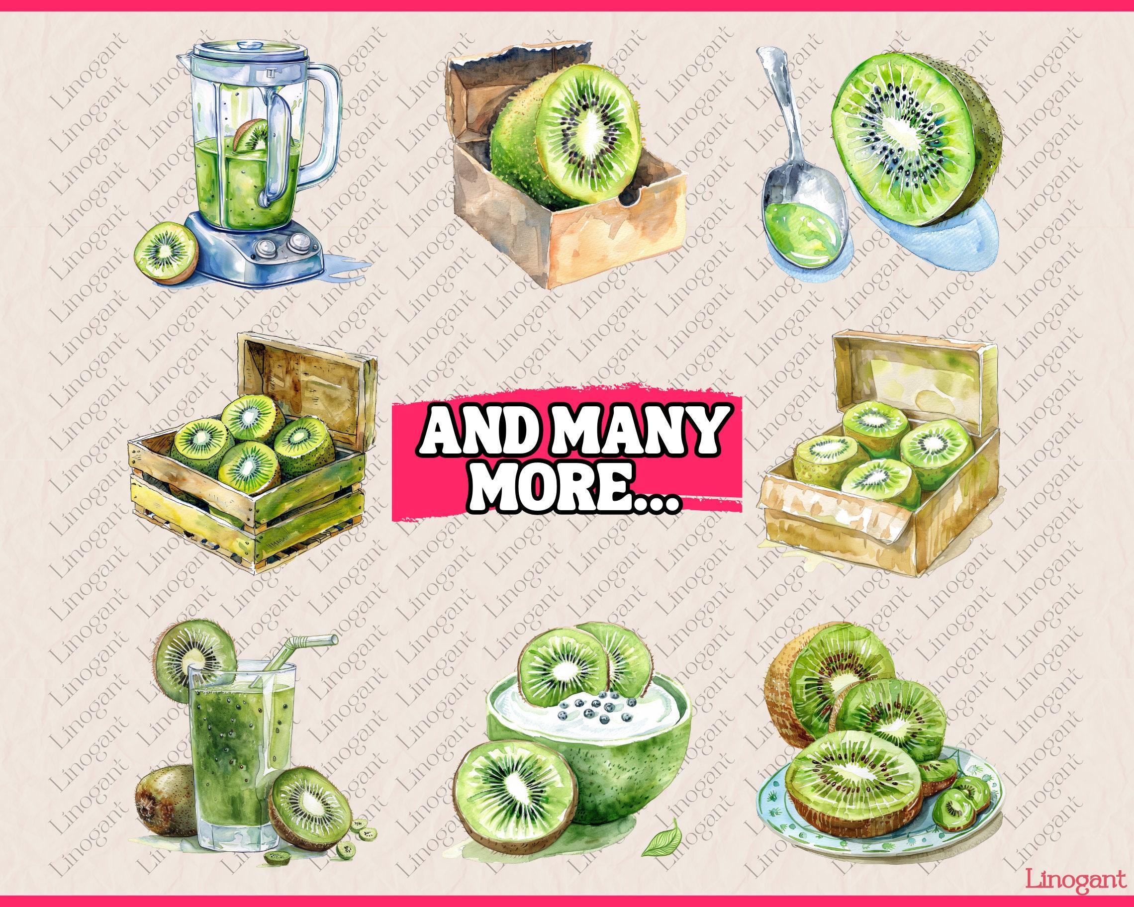 Watercolor Kiwi Clipart Bundle, Exotic Fruits Clip Art Set, Tart, Plate ...