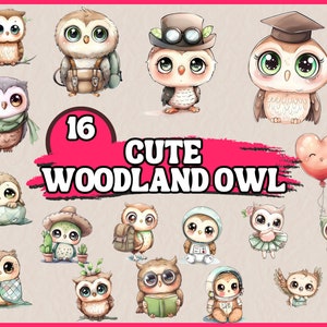 Watercolor Cute Woodland Owl Clipart Bundle, Kawaii Animal Clip Art Set ...