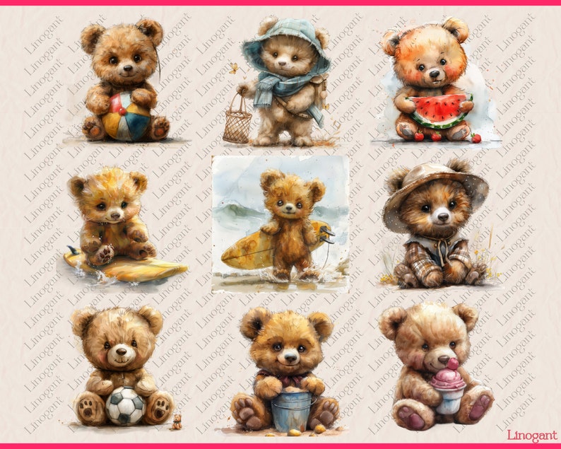 Watercolor Summer Teddy Bear Clipart Bundle, Summer Baby Bear Clip Art ...