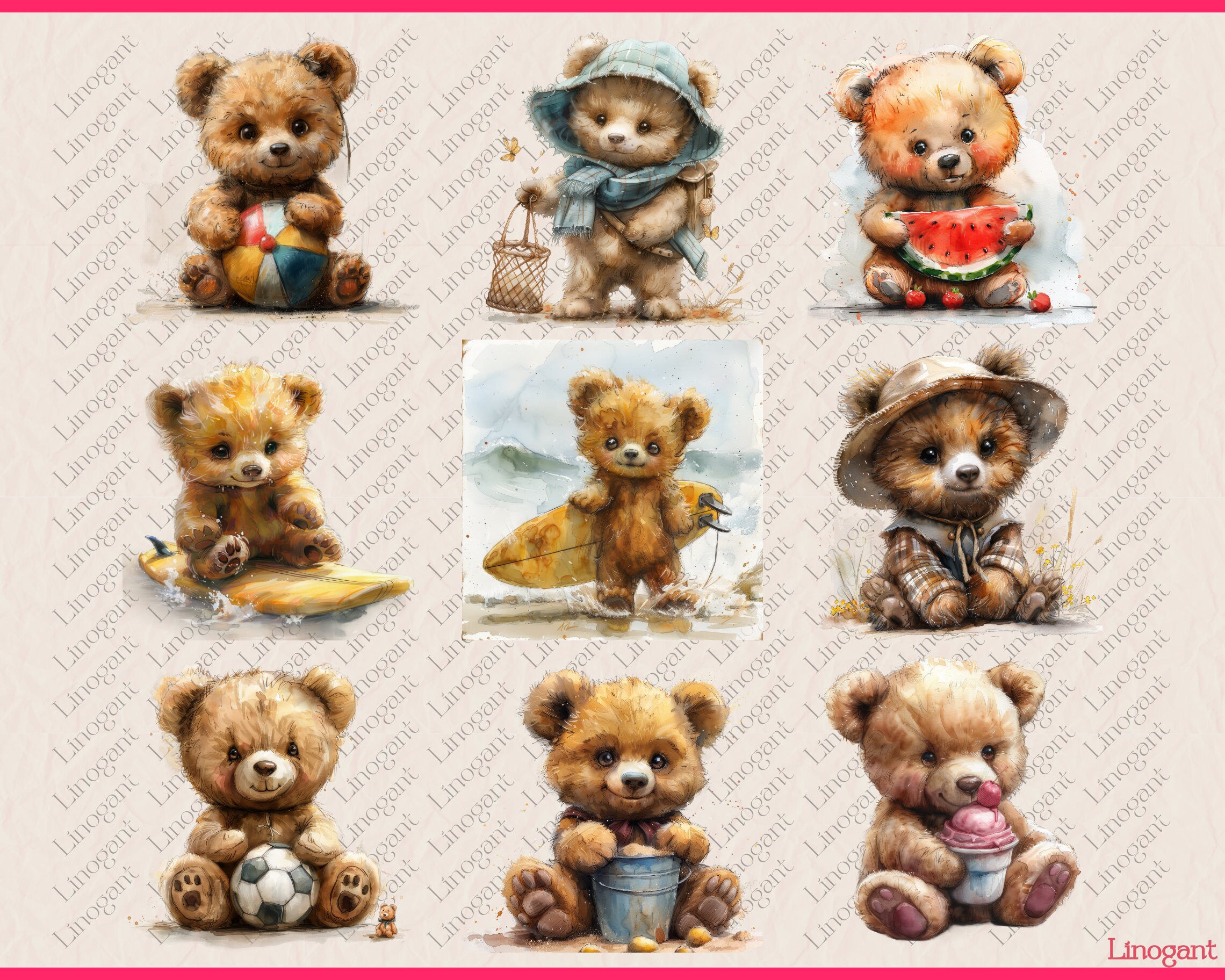 Watercolor Summer Teddy Bear Clipart Bundle, Summer Baby Bear Clip Art ...