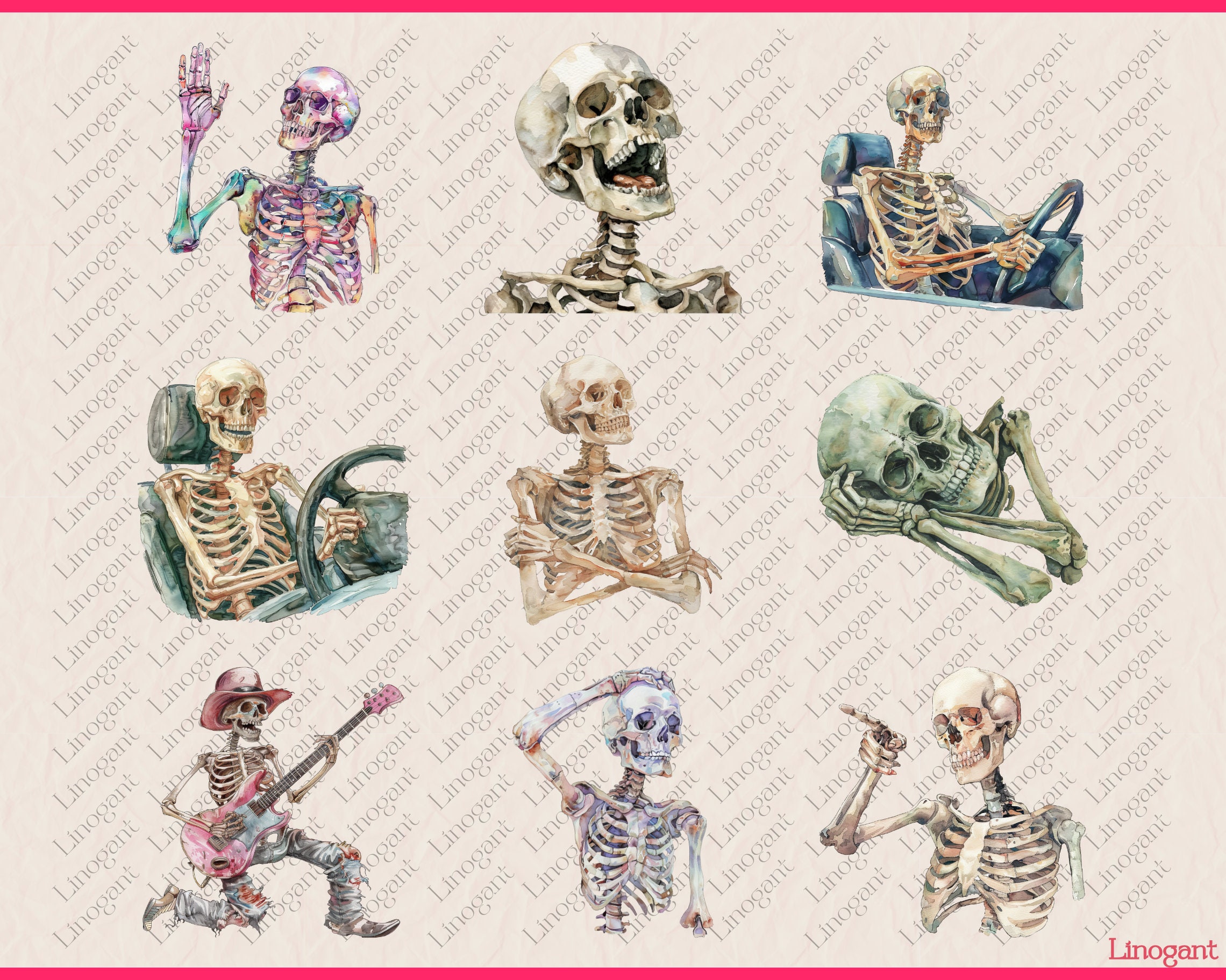 Watercolor Skeleton Clipart Bundle, Terrifying Horror Clip Art Set ...