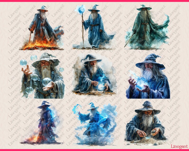 Watercolor Wizard Clipart Bundle, Elemental Magicians Clip Art Set ...