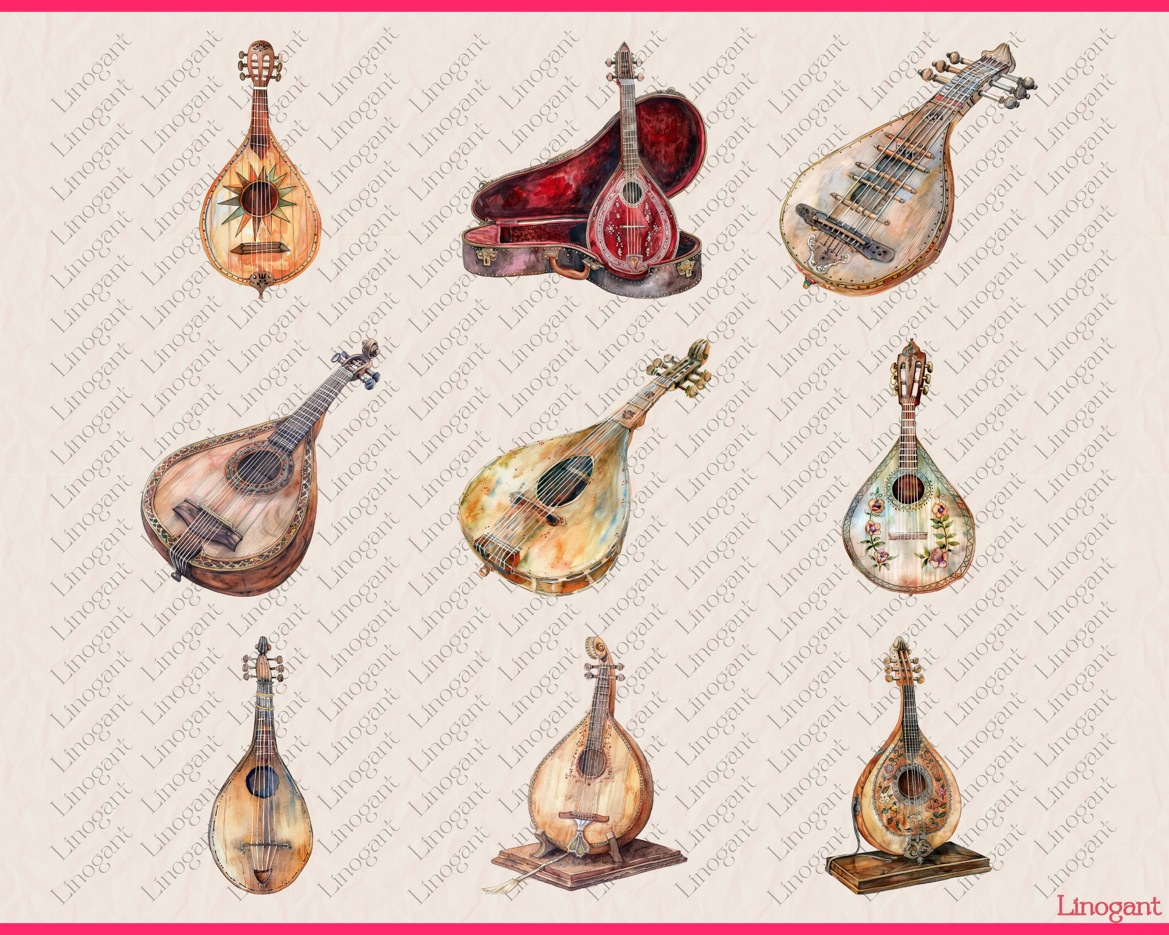 Watercolor Lute Clipart Bundle, String Musical Instruments Clip Art Set ...