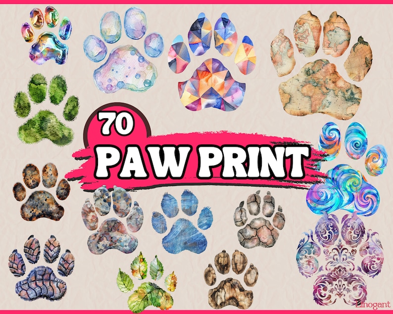 Watercolor Paw Print Clipart Bundle, Animal Footprint Clip Art Set ...