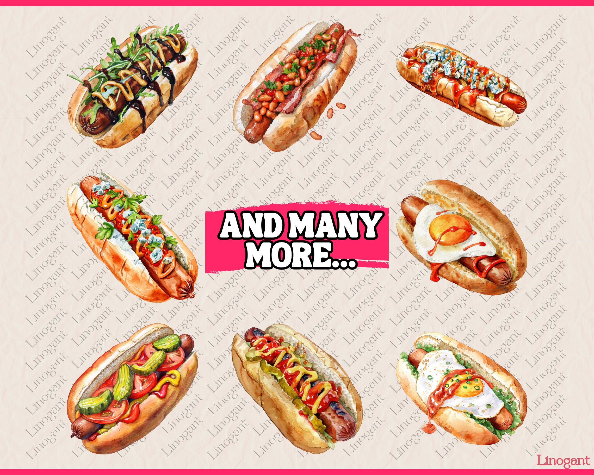 Watercolor Hot Dog Clipart Bundle, Fast Food Clip Art Set, Bakery ...