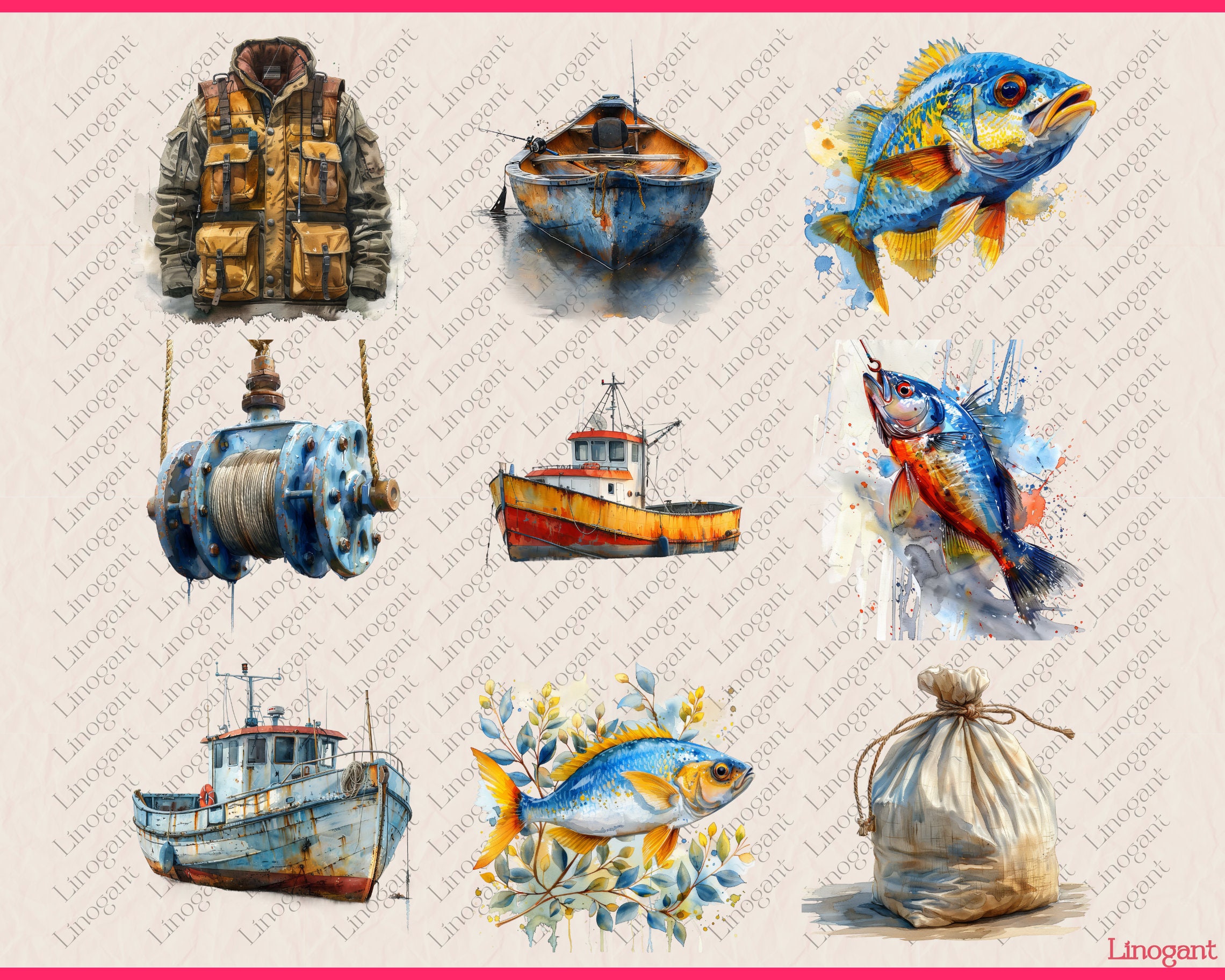 Watercolor Fishing Clipart Bundle, Fisherman Gear Clip Art Set, Lure ...