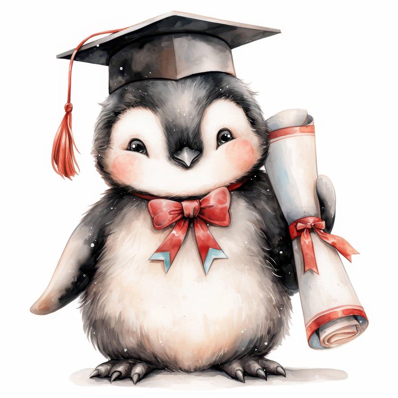 10 Graduation Penguins Clipart, Penguin With Red Scarves Illustration ...