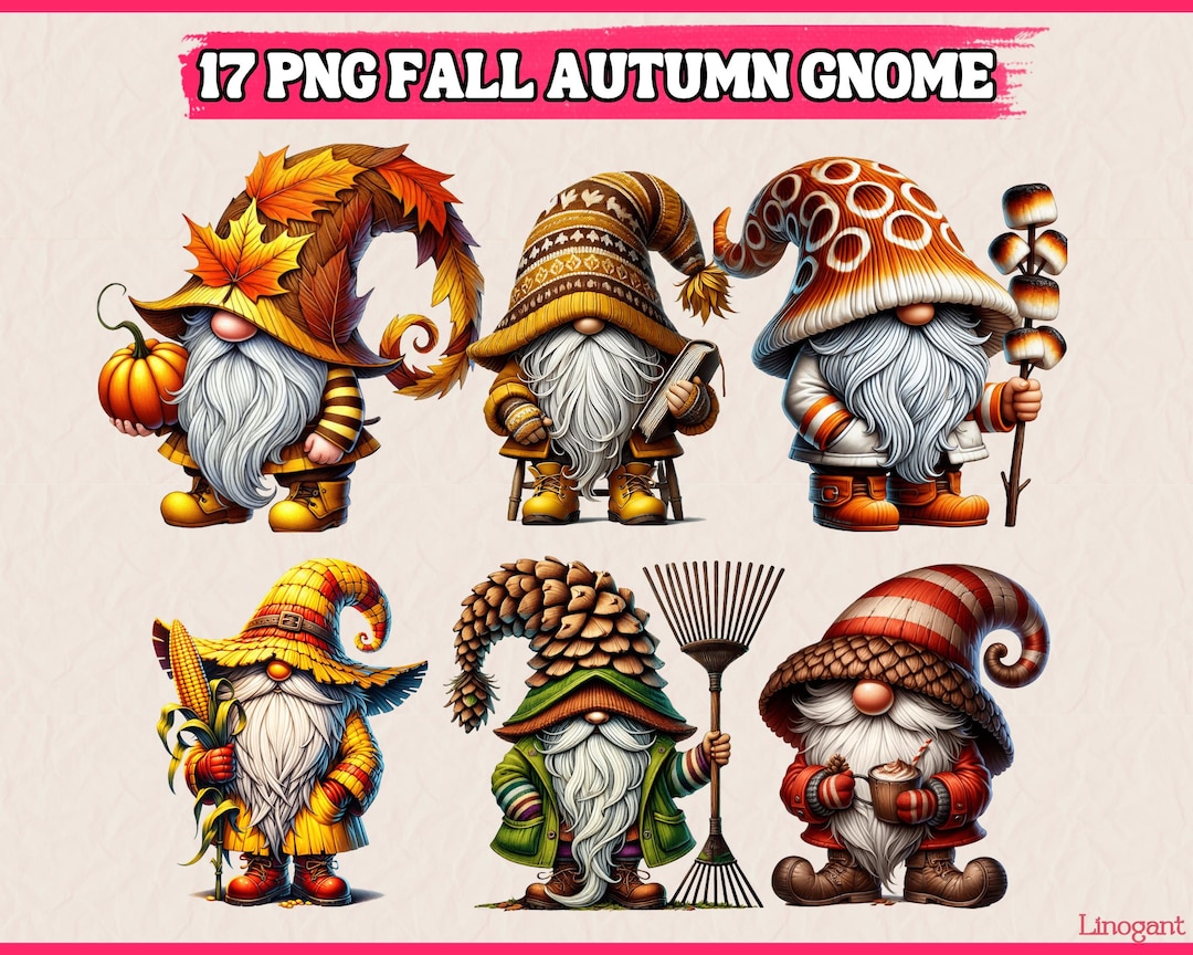 17 PNG Gnomes With Leaf Clipart, Cute Gnome, Fall Gnome Bundle, Autumn ...