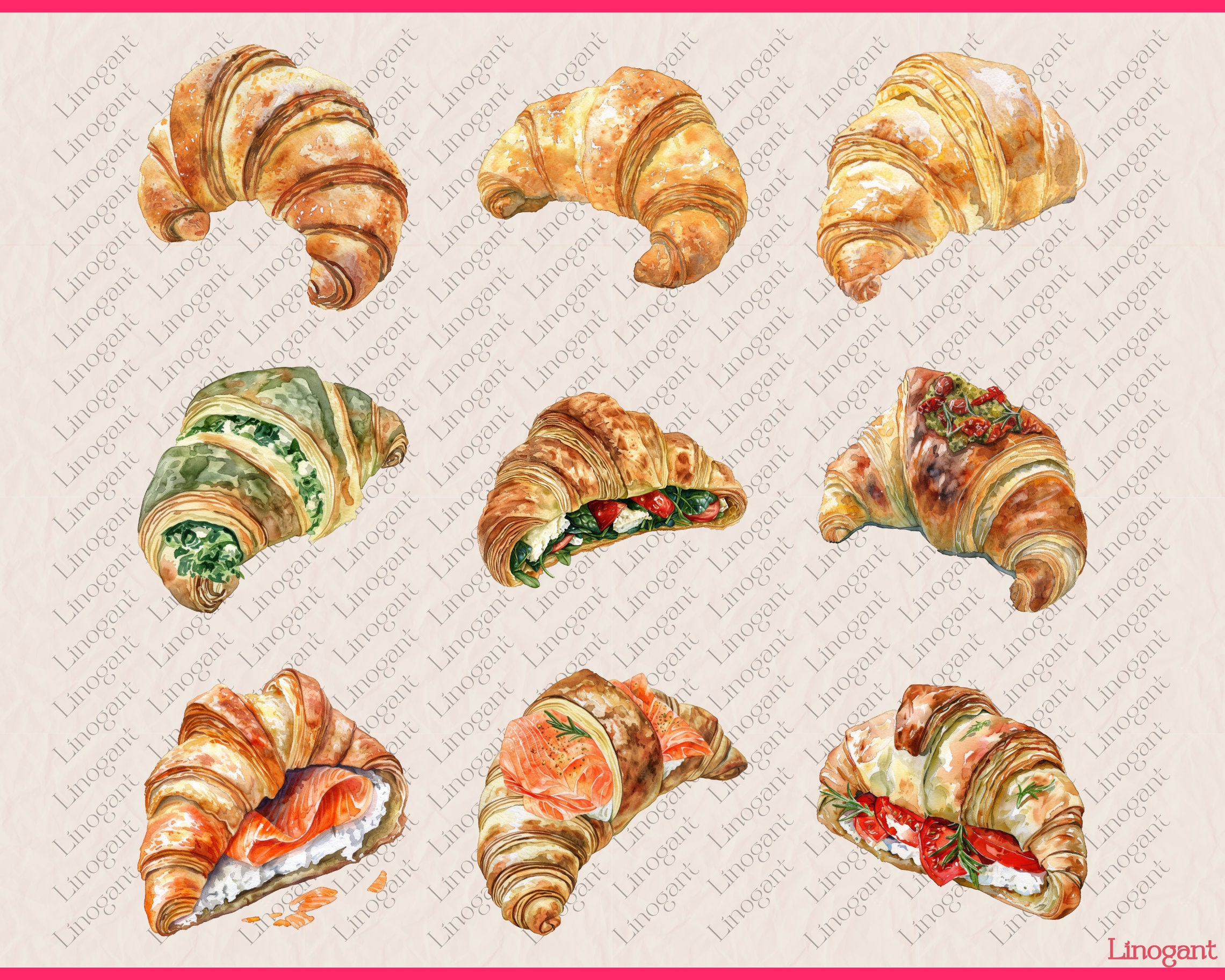 Watercolor Croissant Clipart Bundle, Breakfast Clip Art Set, Bakery ...