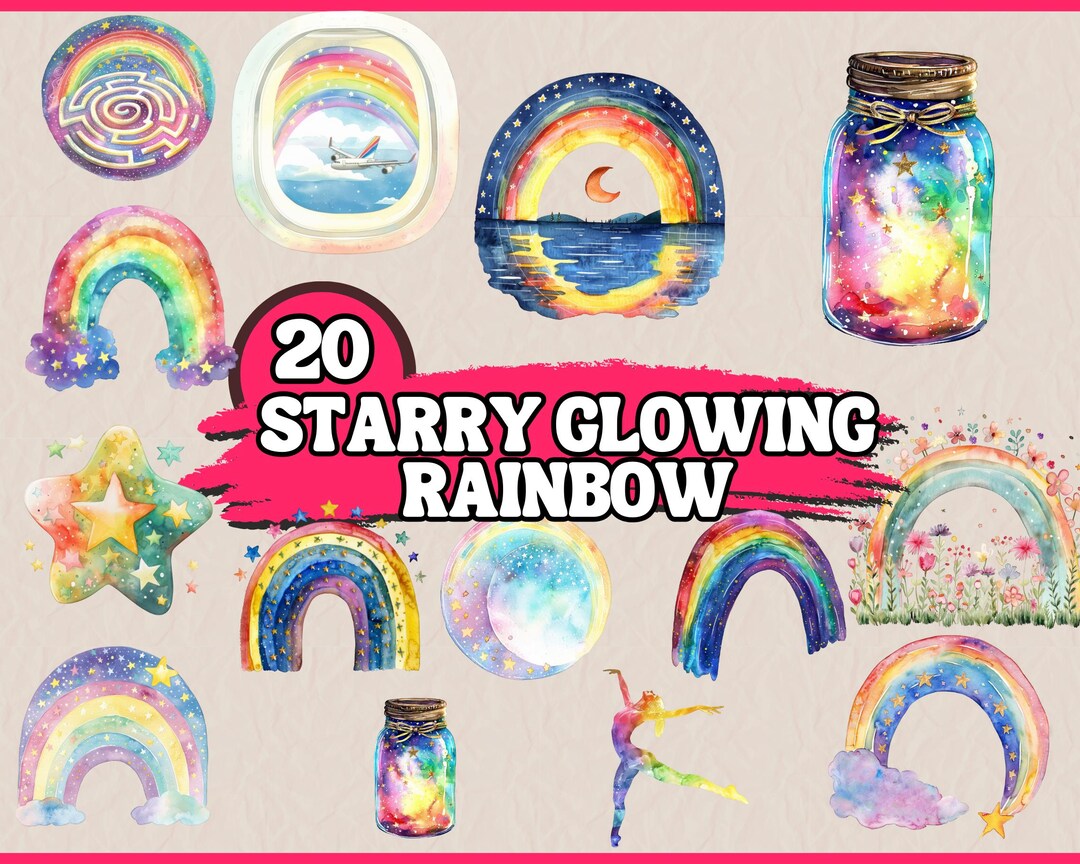 20 PNG Starry Glowing Rainbow Clipart, Watercolor Rainbow With Star ...