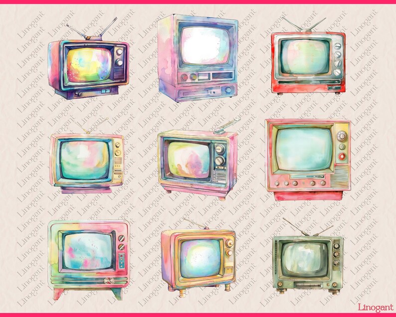 Watercolor Retro Television Clipart, Old Vintage TV, Antique Technology ...