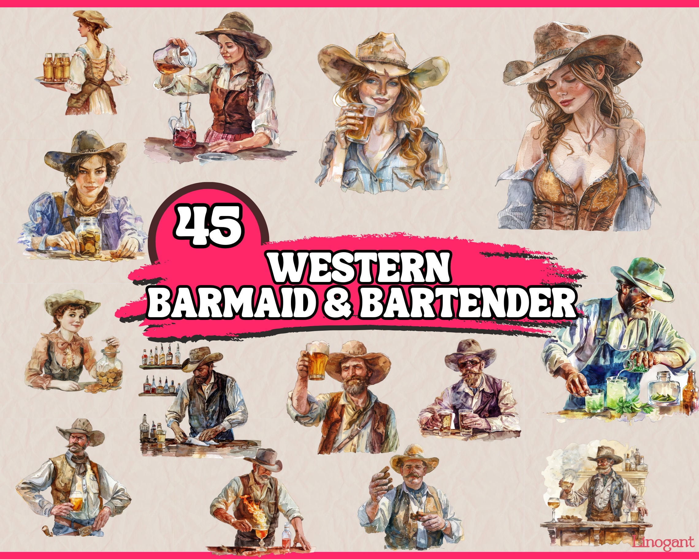Watercolor Western Barmaid and Bartender Clipart Bundle, Cowboy Cowgirl ...