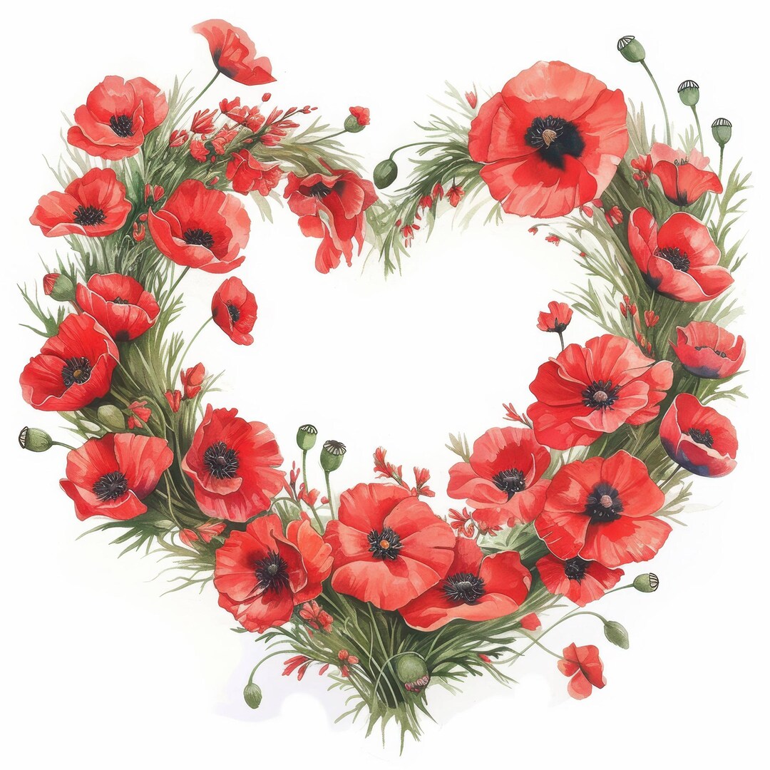 10 Red Poppy Flower Heart Arrangement Clipart, Romantic Botanical ...