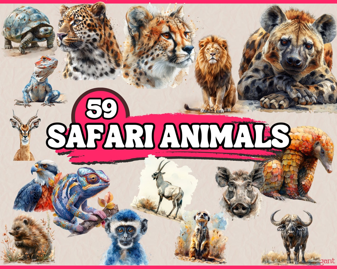 Watercolor Wild Safari Animals Clipart Bundle, Extreme Safari Travel ...