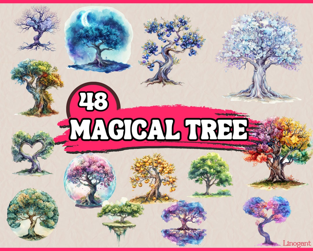 Watercolor Magical Tree Clipart Bundle, Enchanted Plants Clip Art Set ...