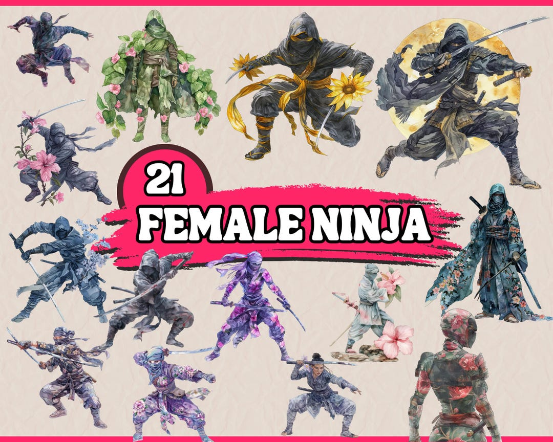 21 PNG Female Ninja Clipart Bundle, Ninja Assassin With Flowers and ...